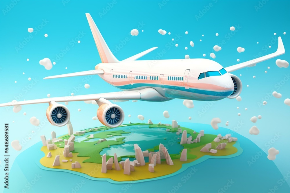 A charming cartoon airline flies globally with a dotted white route on ...