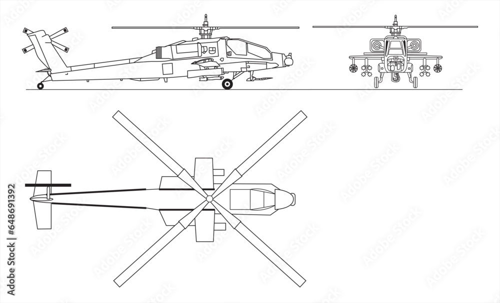 Vector drawing of an Apache military attack helicopter. General view ...