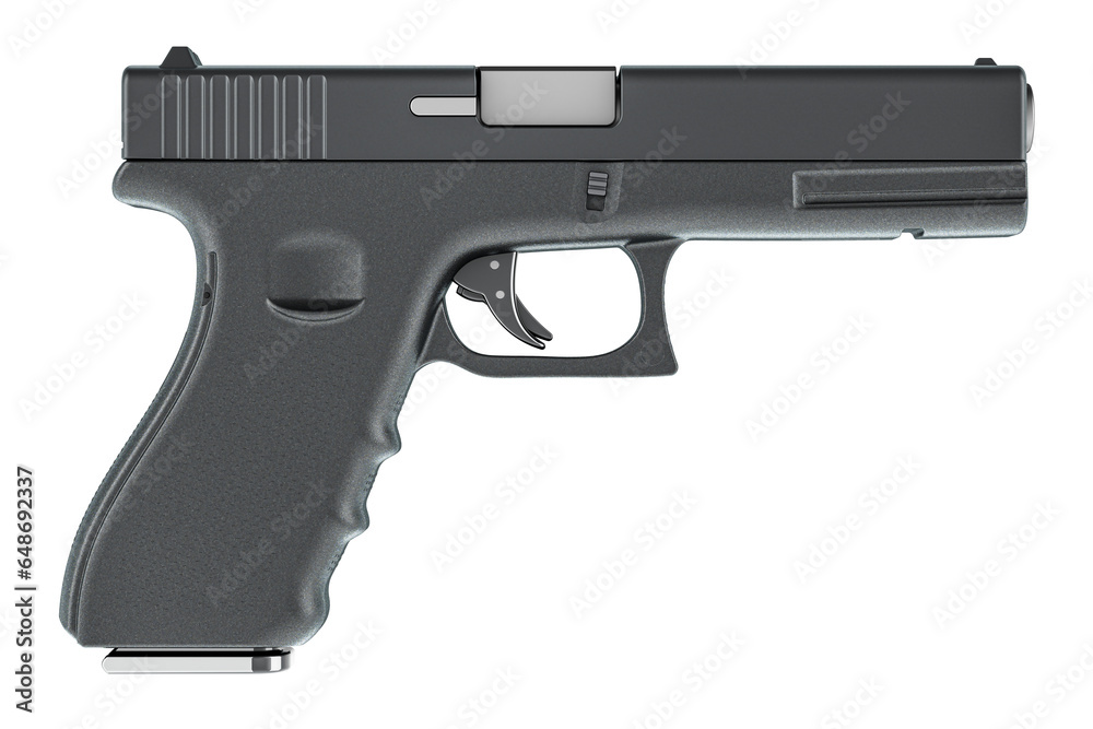 Gun, pistol. Side view, 3D rendering isolated on transparent background ...