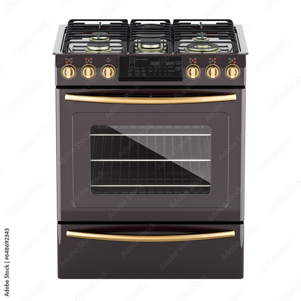 Kitchen Gas Stove and Oven, front view. 3D rendering isolated on ...