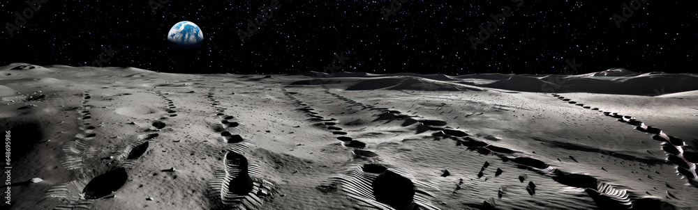A lunar landscape with multiple trails of astronaut footprints, leading ...