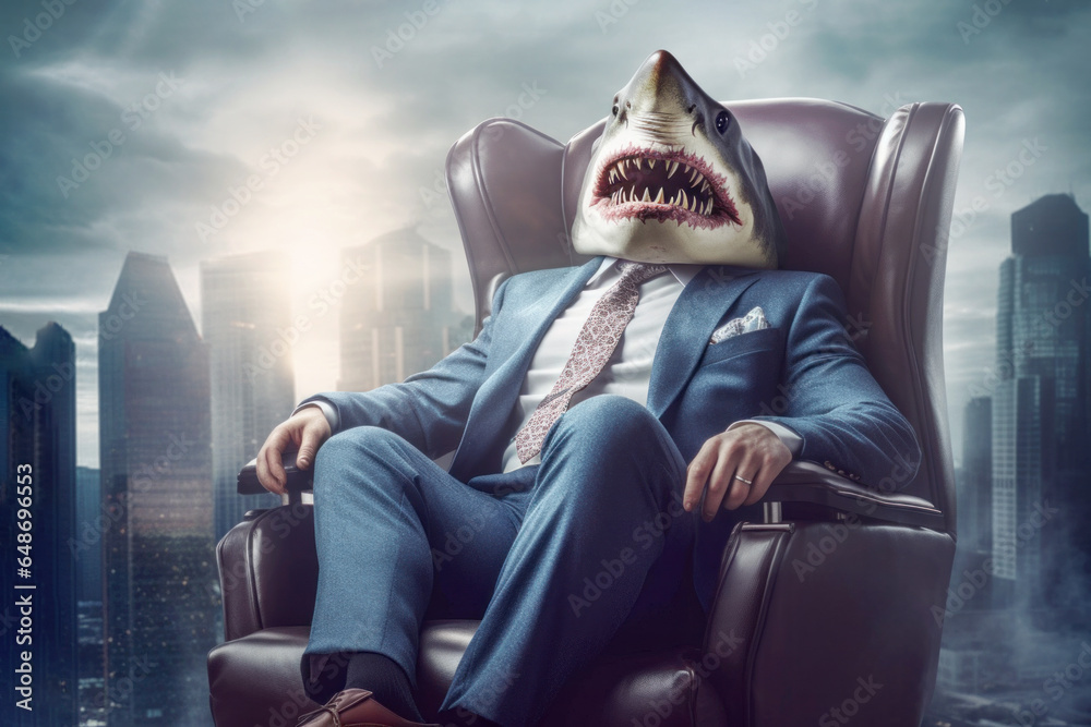 Shark dressed in business suit sits in leather armchair in its high ...