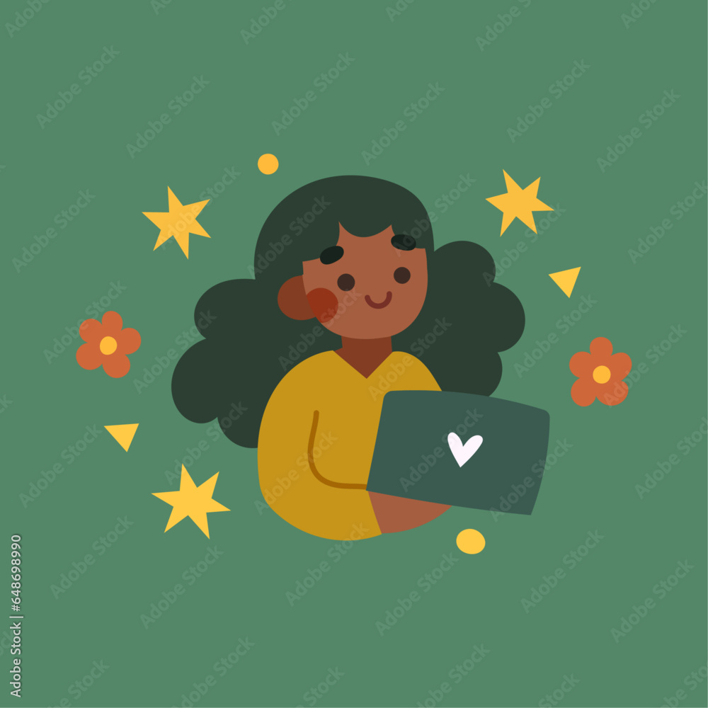 Vector illustration of cute girl working with a computer and abstract ...