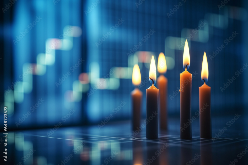 cluster of burning candles, their flickering flames casting a soft and ...