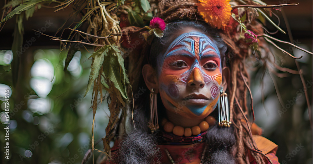 A woman wearing a colorful headdress with flowers. preparing for an ...