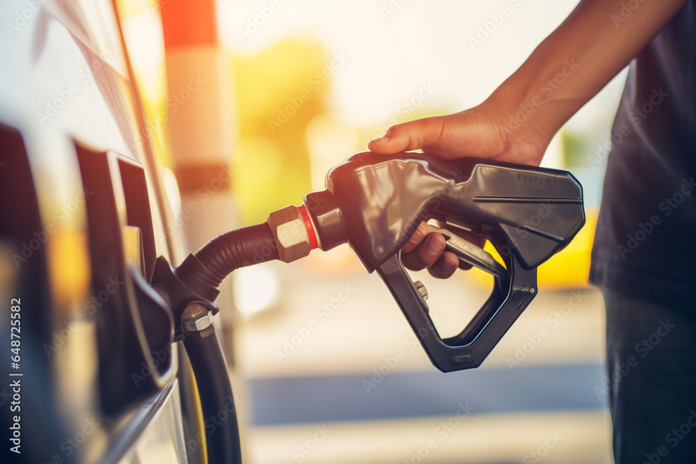man's hand grips a gasoline fuel nozzle, refuels his car with precision ...