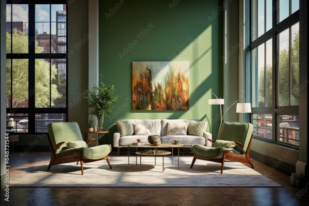 Penthouse art studio loft with forest green walls and furniture black ...