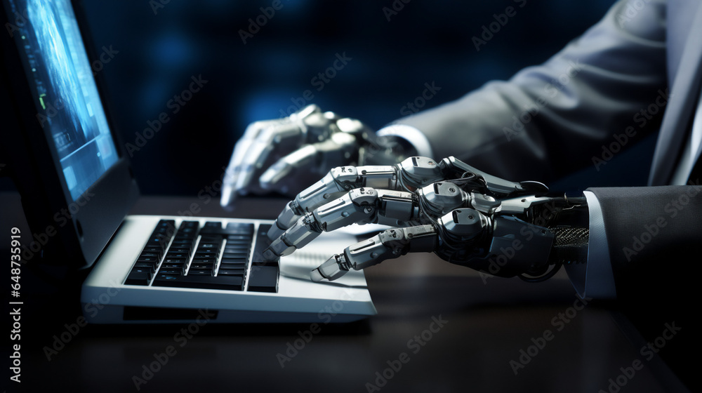 Robotic hands of a cyborg with a jacket working online typing on a ...