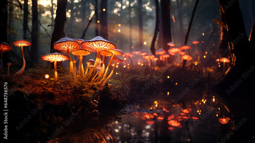 A landscape with magical mushrooms glowing and shining at dusk, with ...