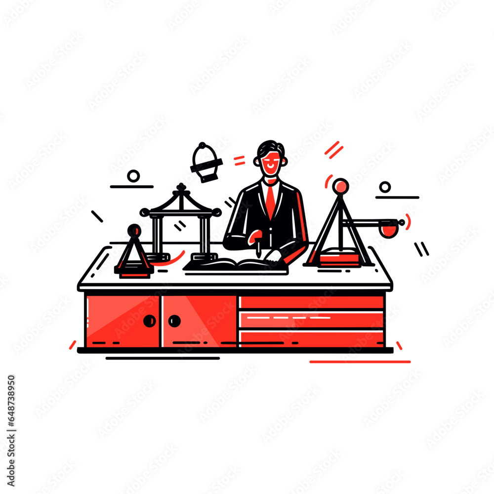 Lawyer Desk vector icon in minimalistic, black and red line work, japan ...