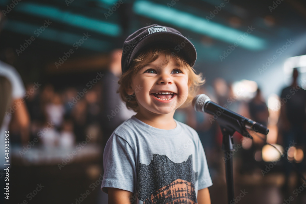 little boy stands center stage, wearing a cap in a hip-hop style on a ...