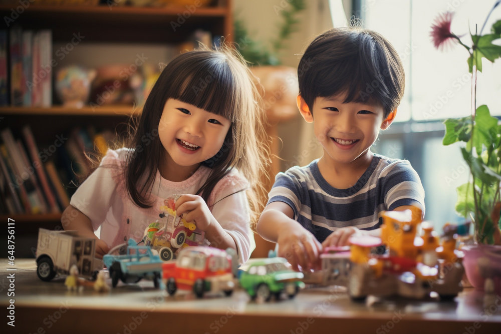 children boy girl engaging in play with an array of toys at their ...