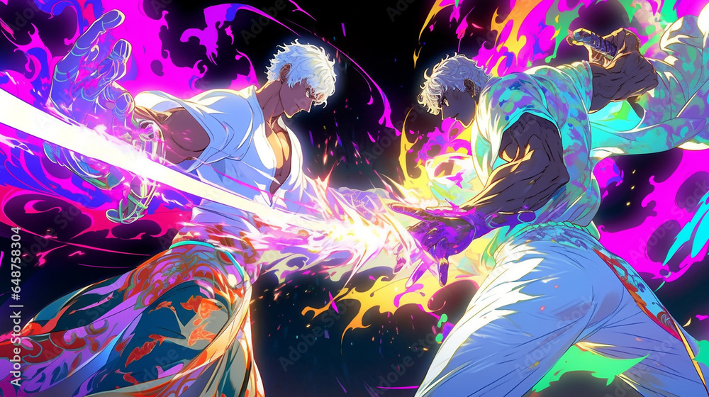 epic fight between anime men, eyes glowing with neon colors carrying ...