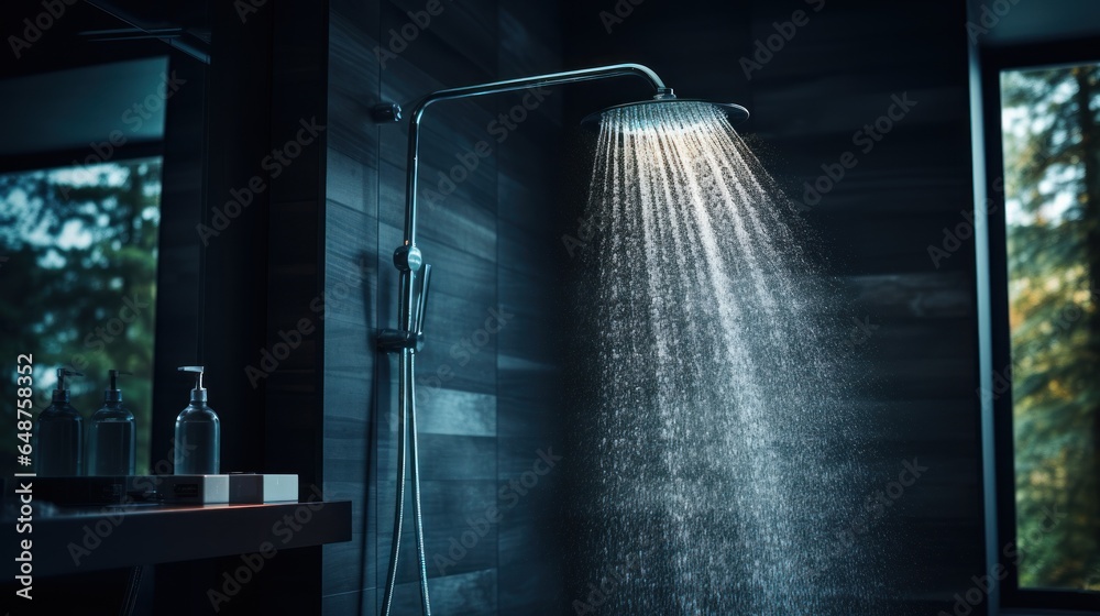 Photograph of water flowing from a shower head in a bathroom with a ...