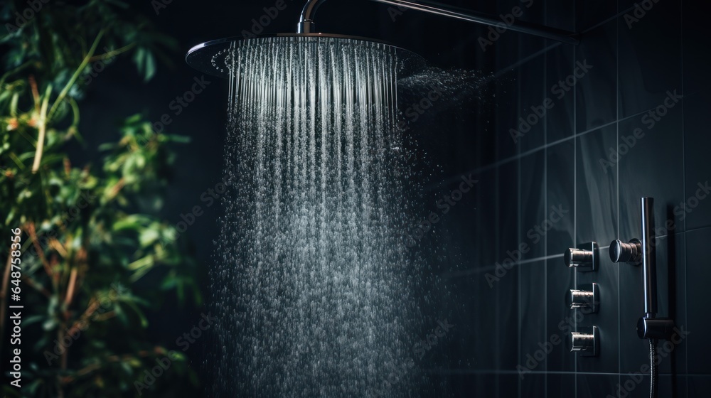 Photograph of water flowing from a shower head in a bathroom with a ...