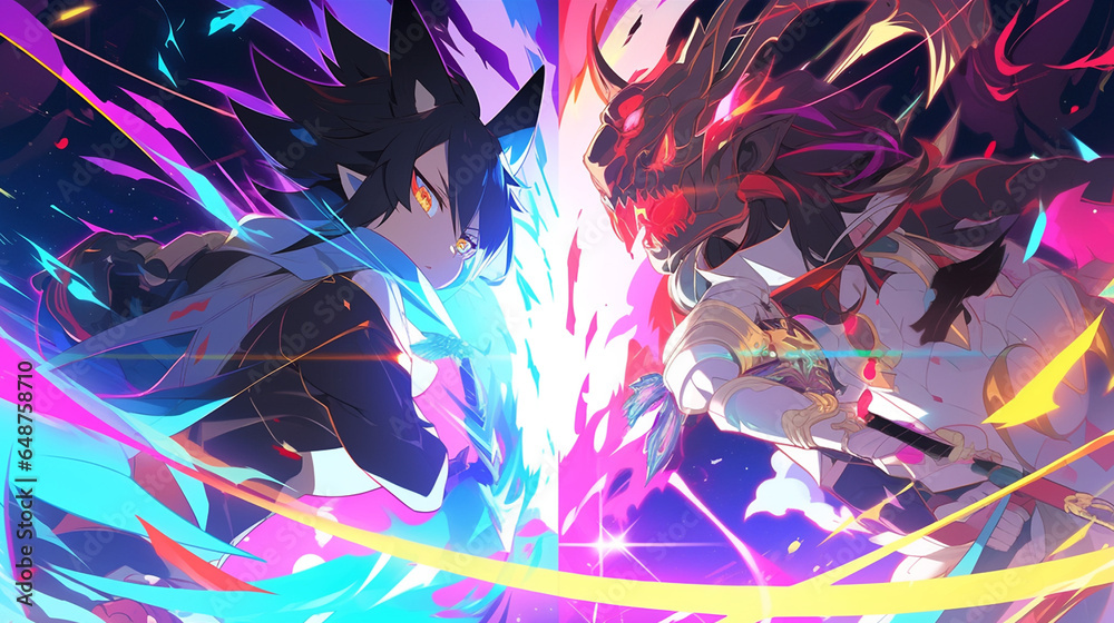 epic fight between anime men, eyes glowing with neon colors carrying ...