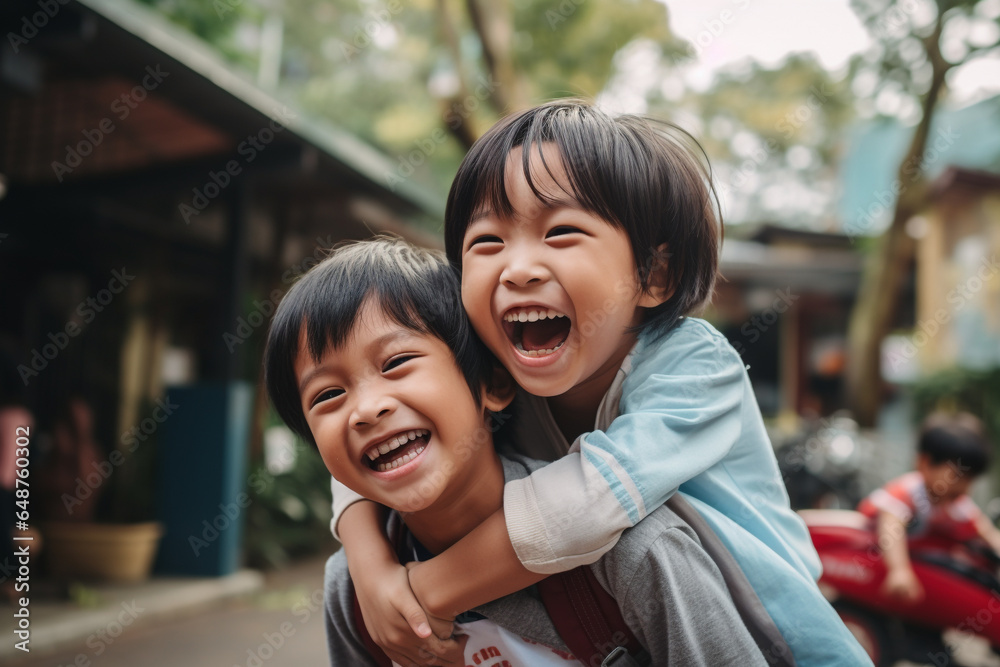 excited children laugh and giggle together, taking turns giving each ...