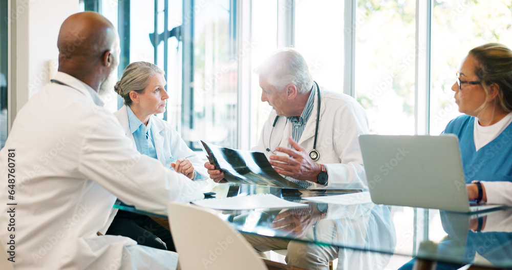 Xray, meeting and doctors collaboration on healthcare and results, MRI ...