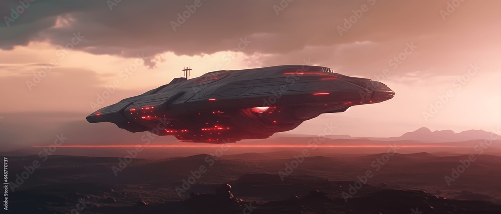 Cinematic shot of large spaceship falling and descending to ground ...