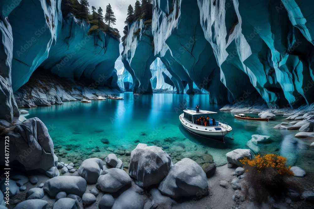 The blue colors of the marble caves in patagonia, chile.These caves are ...