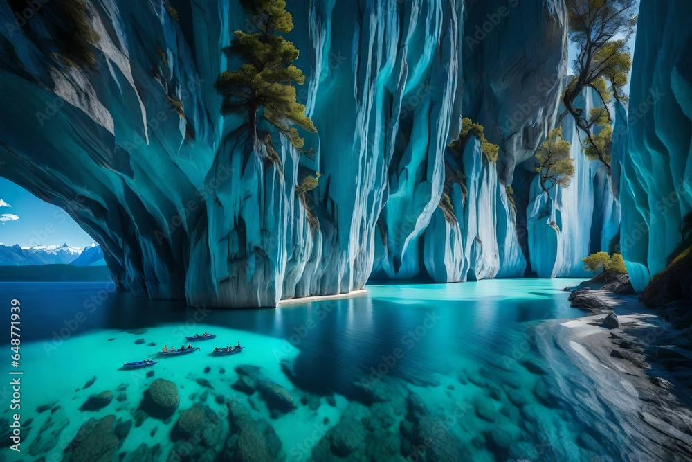 The blue colors of the marble caves in patagonia, chile.These caves are ...