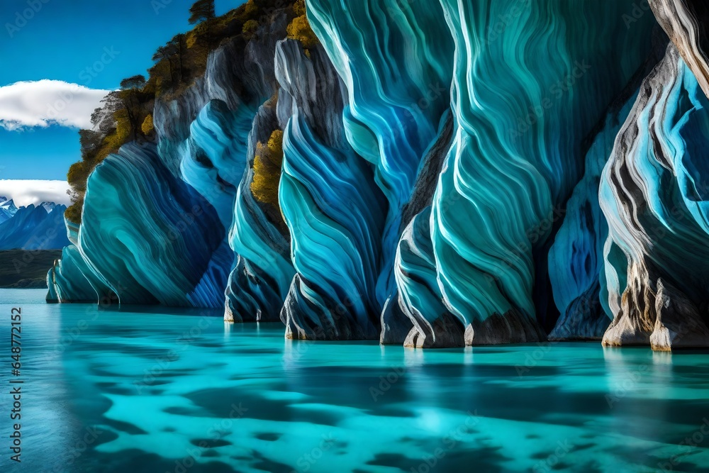 The blue colors of the marble caves in patagonia, chile.These caves are ...