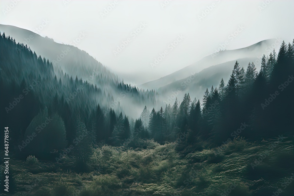 Forested mountain slope in low lying cloud with the conifers shrouded ...