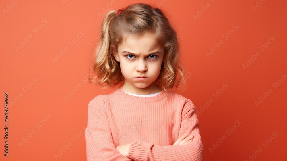 Little girl on a red background. The concept of childrens emotions and ...