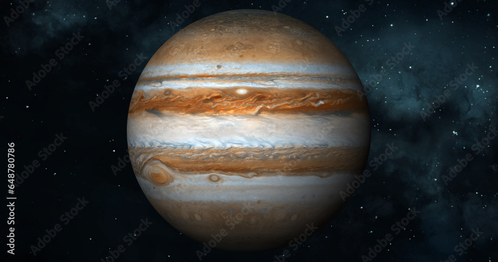Jupiter planet on space with colorful starry night. front view of ...