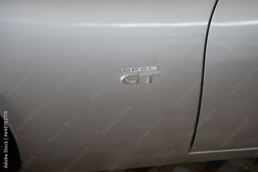 Opel GT car brand logo and text sign on vintage retro vehicle of German ...