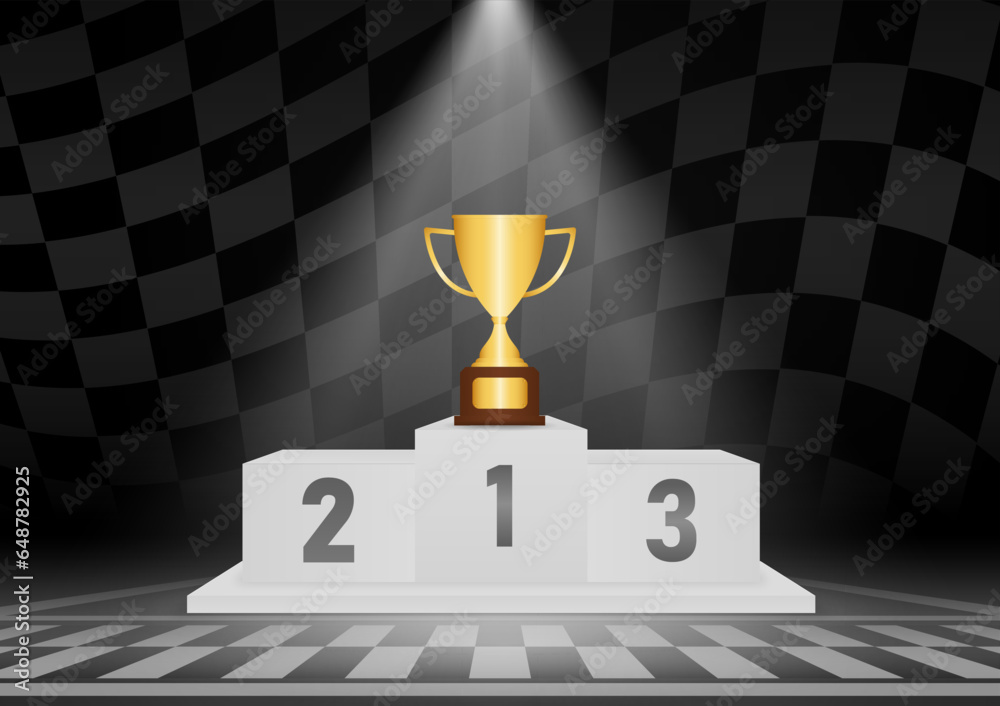Trophy Cups on Winner Podium Illuminated with Spotlights in Racing ...