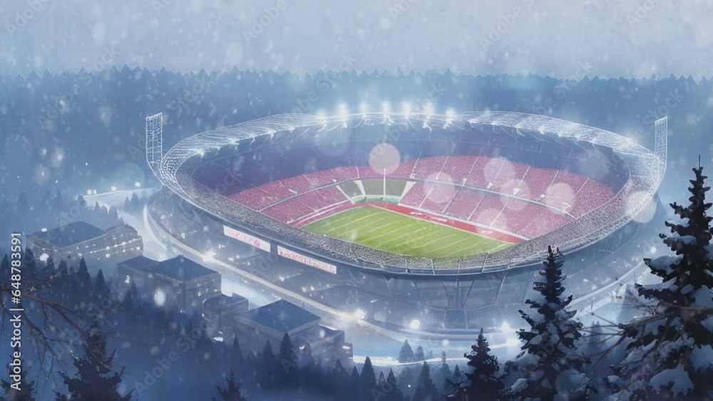 Football stadium building with open roof in snowy winter. Cartoon or ...