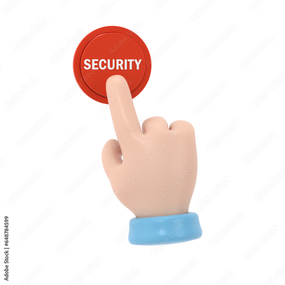Security button. Hand pressing red button. Push finger. 3d illustration ... Security button. Hand pressing red button. Push finger. 3d illustration ...