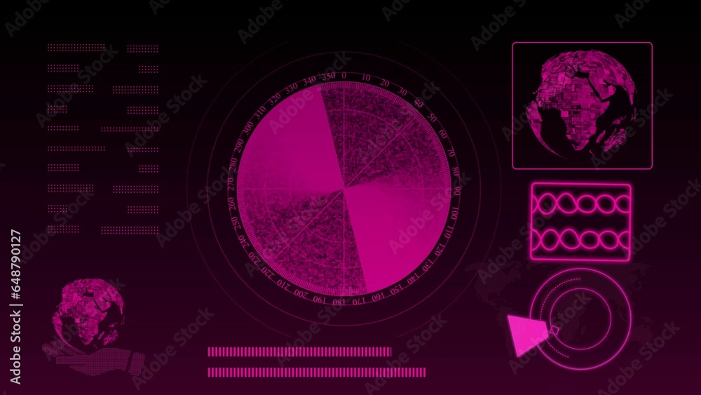 Digital technology world map, different information showing radar ...