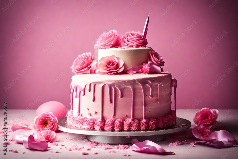 Birthday cake with pink decoration Stock Photo | Adobe Stock