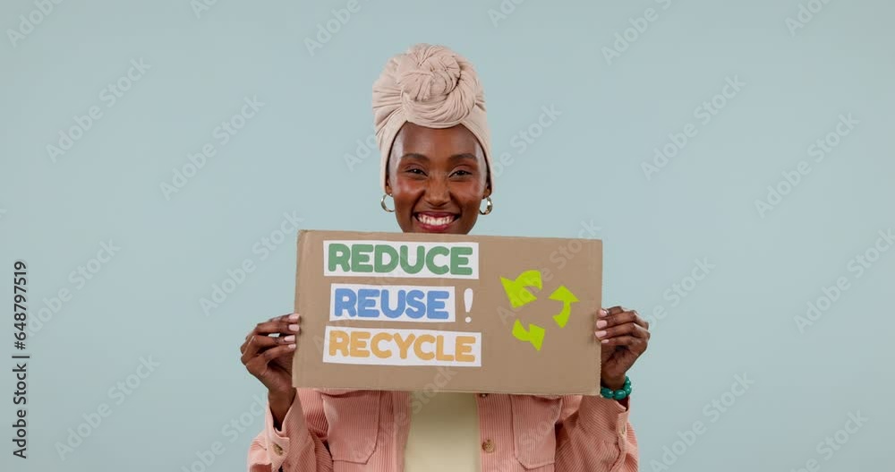Recycle sign, black woman and face with smile and climate chance ...