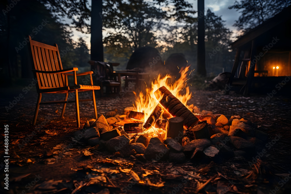 Chairs and Camping tents surround a Beautiful Bonfire, Illuminating the ...