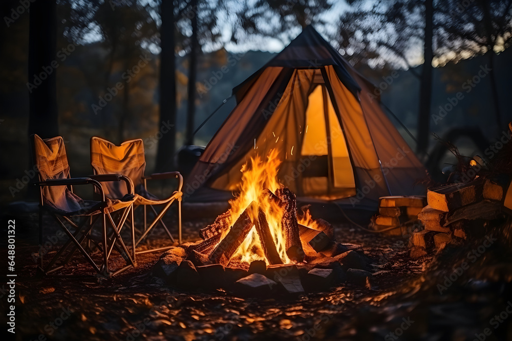Chairs and Camping tents surround a Beautiful Bonfire, Illuminating the ...