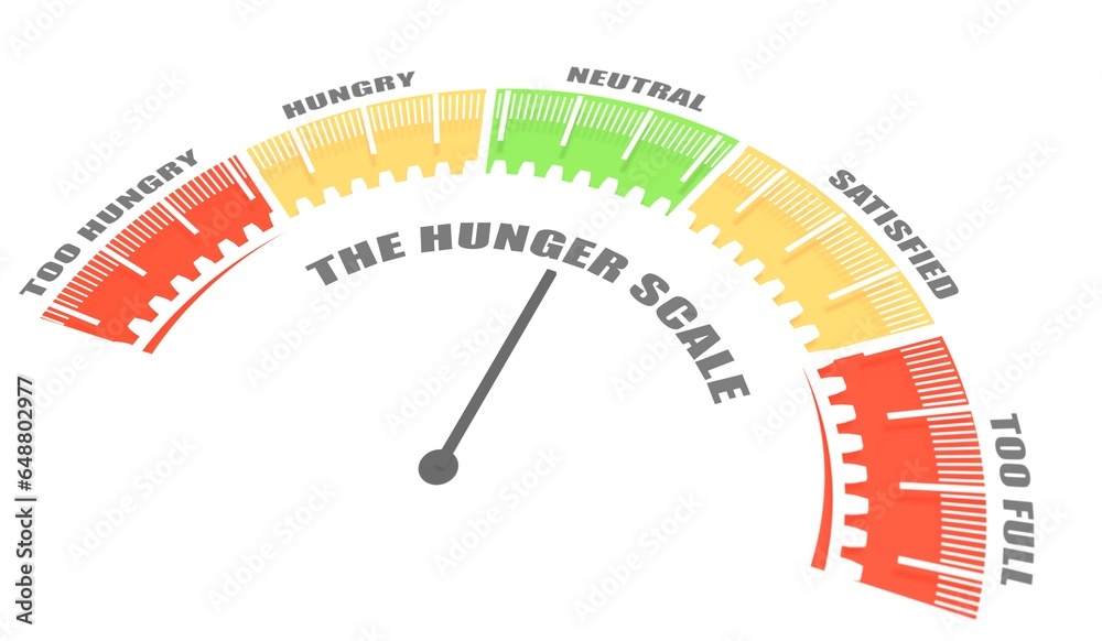 Hunger scale with arrow, measurement value. Chart indicating eat stages ...