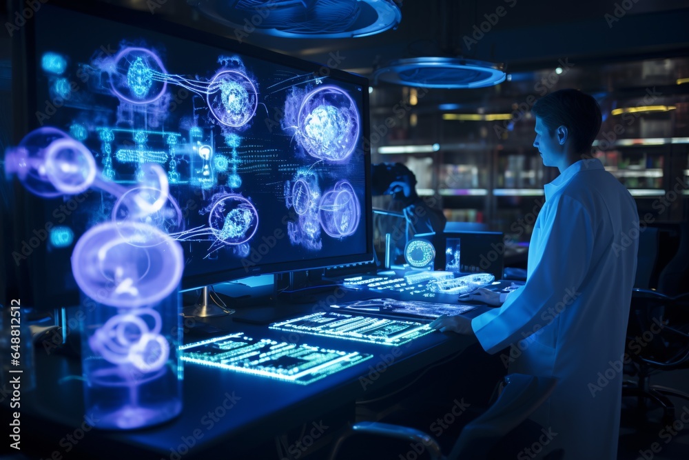 state-of-the-art laboratory setting. Researchers in white coats observe ...