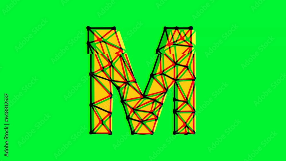 Polygonal letter m animation with glitch effect on green background, 4k ...