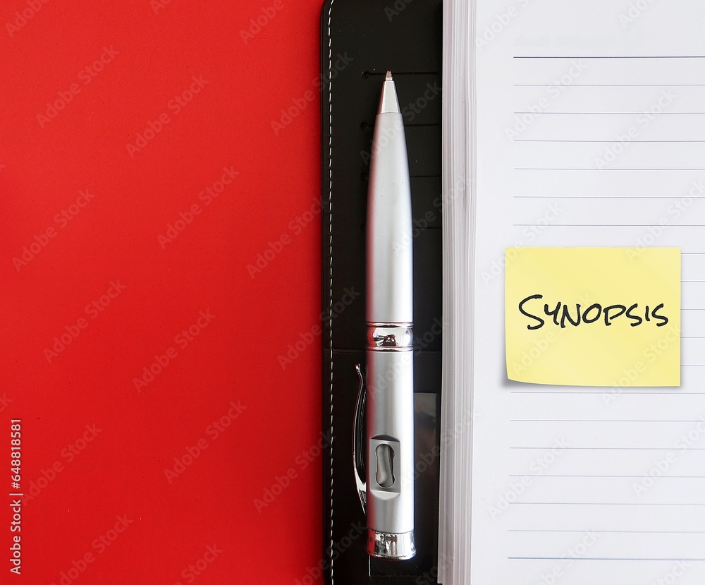 On red copy space background, pen and notebook written SYNOPSIS, brief ...