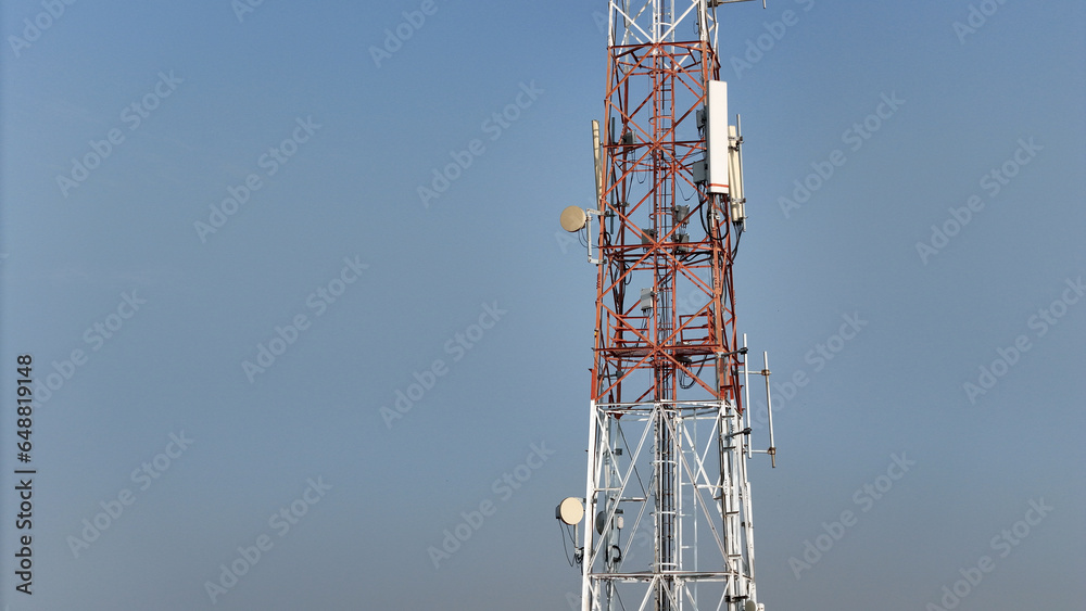 communication transmitter antenna tower on blue sky background. antenna ...