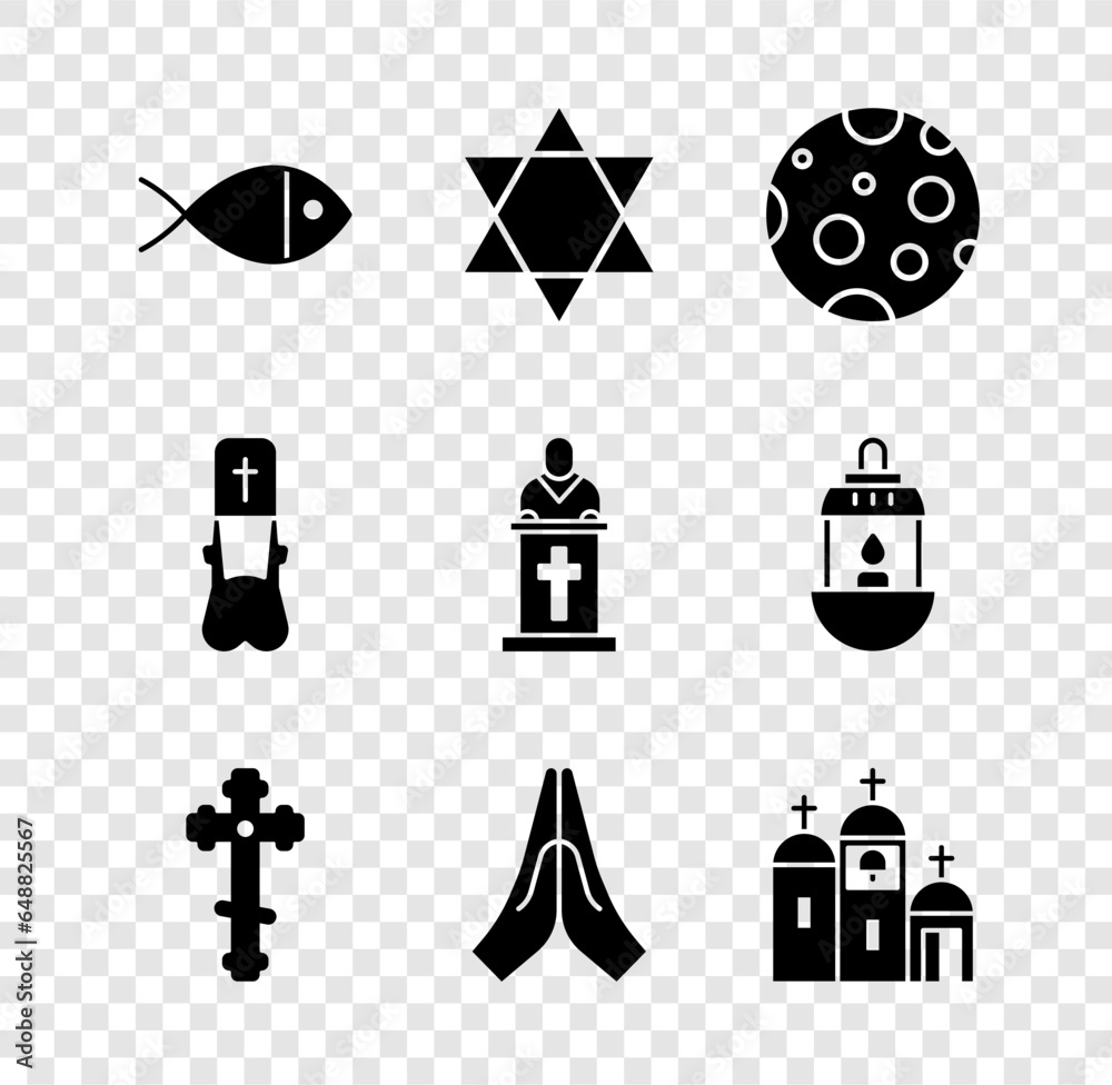 Set Christian fish, Star of David, Moon, cross, Hands in praying ...