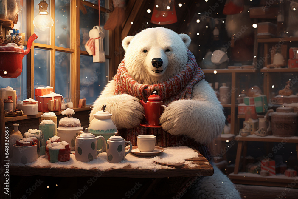 polar bear hosting a cafe in the Arctic, serving hot cocoa to a ...