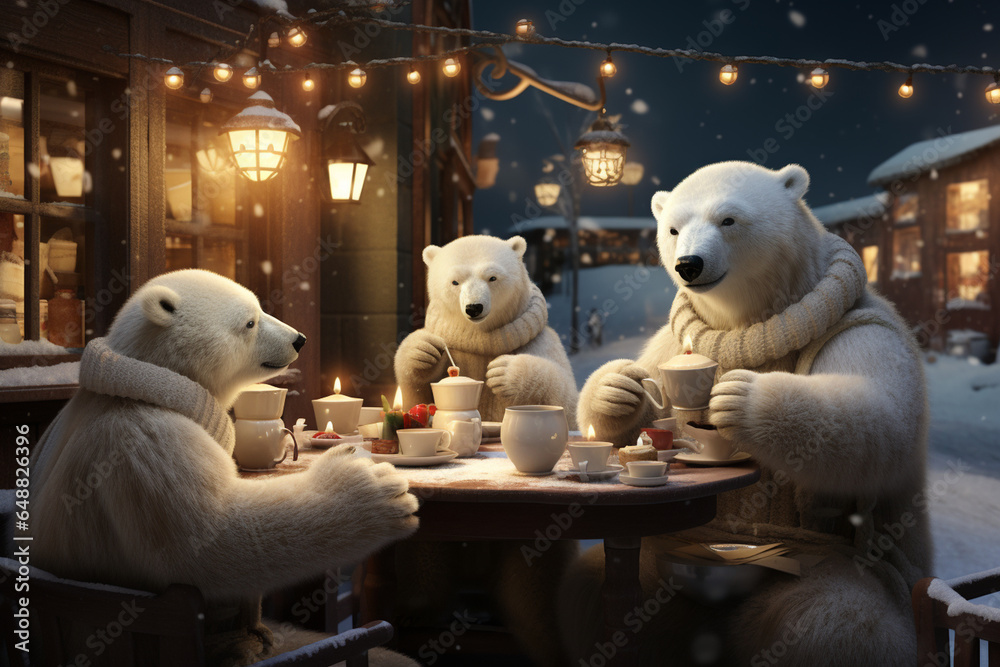 polar bear hosting a cafe in the Arctic, serving hot cocoa to a ...