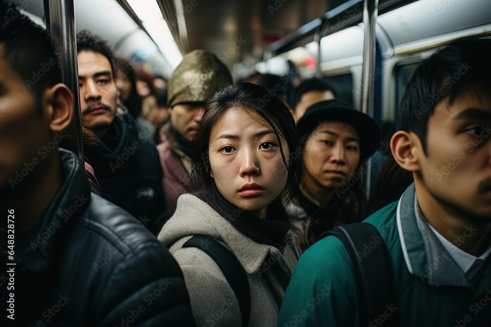 Sad tired Asian woman in a crowded subway train among a crowd of people ...