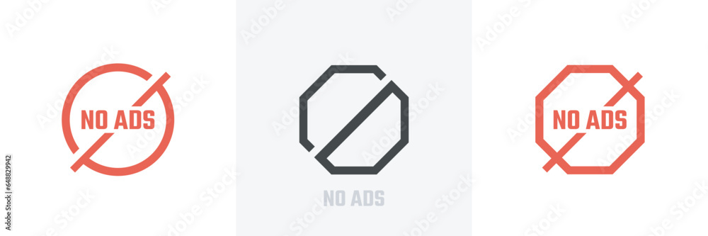 No ads icon of 3 types flat icon or isolated vector No Ads Sign symbol ...