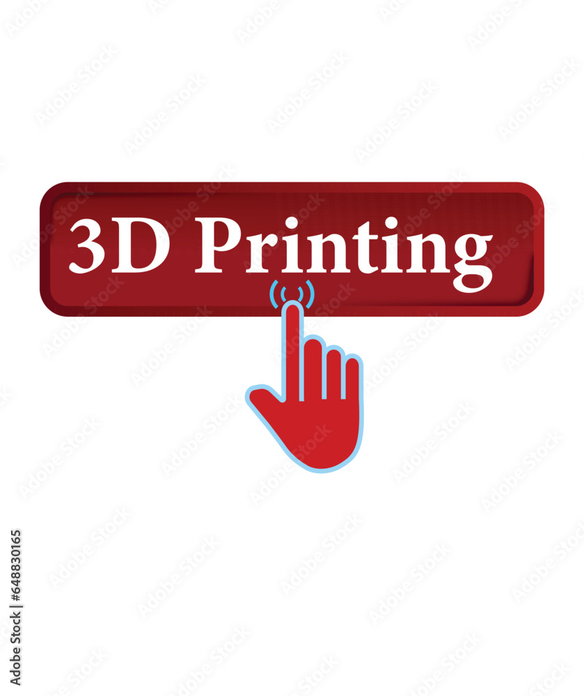 Red color 3d printing button with hand cursor on white background. Red ...