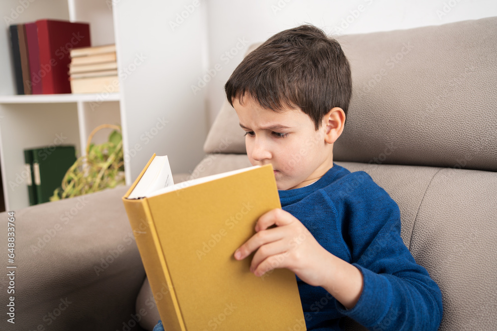 Child wearing reading book while sitting on couch, homeschooling ...